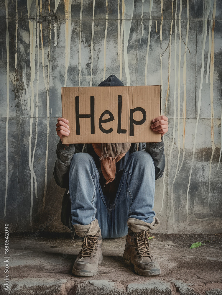 poignant scene featuring a person crouching against a rough, concrete ...