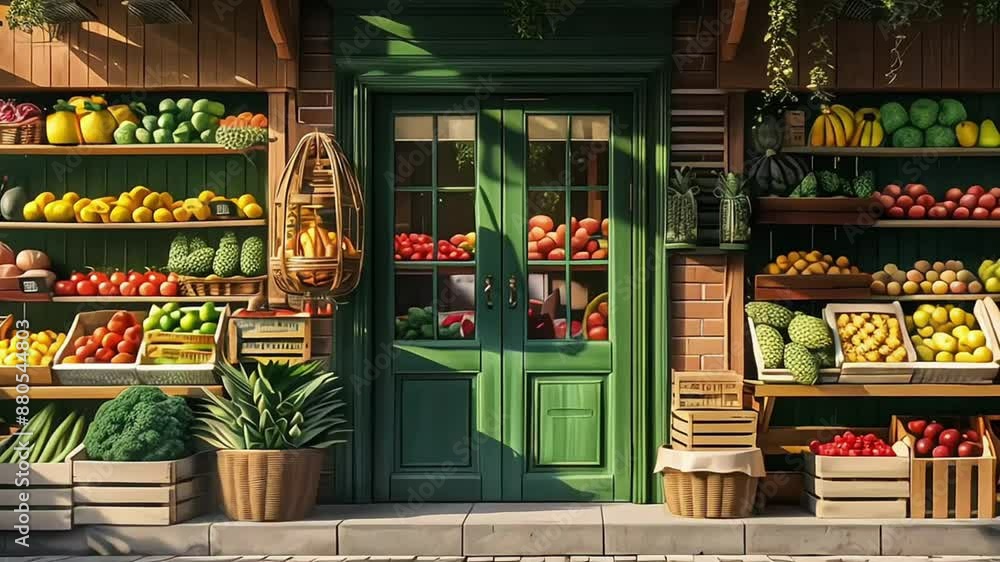 Organic vegetables and fruits shop front view with bio products ...