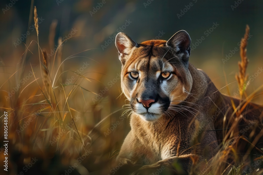 majestic cougar crouching in tall grass low angle perspective intense ...
