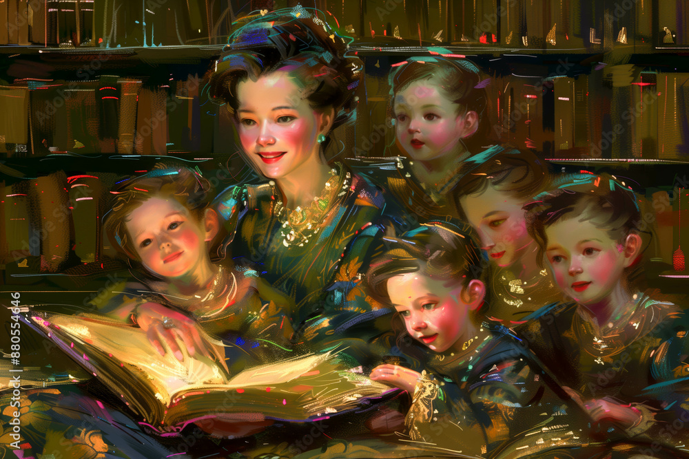 Queen reading to a group of children in the royal library, her gentle ...