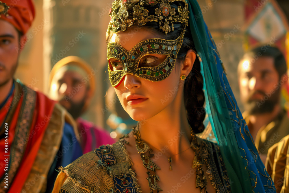 Princess attending a royal masquerade ball, her face hidden behind an ...