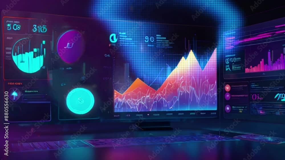 High-tech data dashboard displaying holographic bar graphs and pie ...