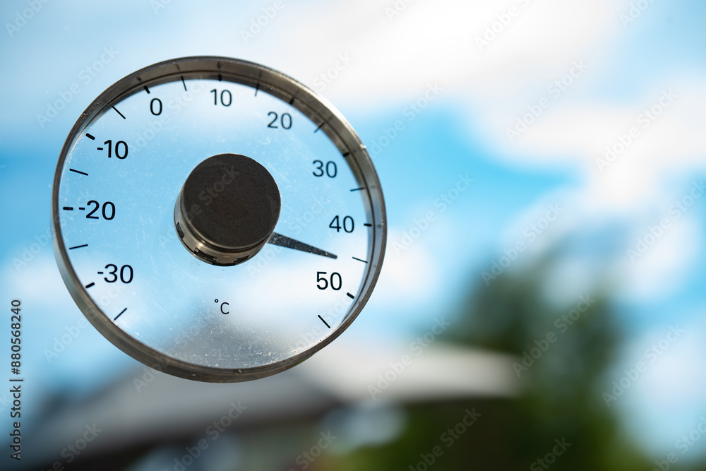 Hot summer day with 45 degrees and blue sky. Seasonal background with ...