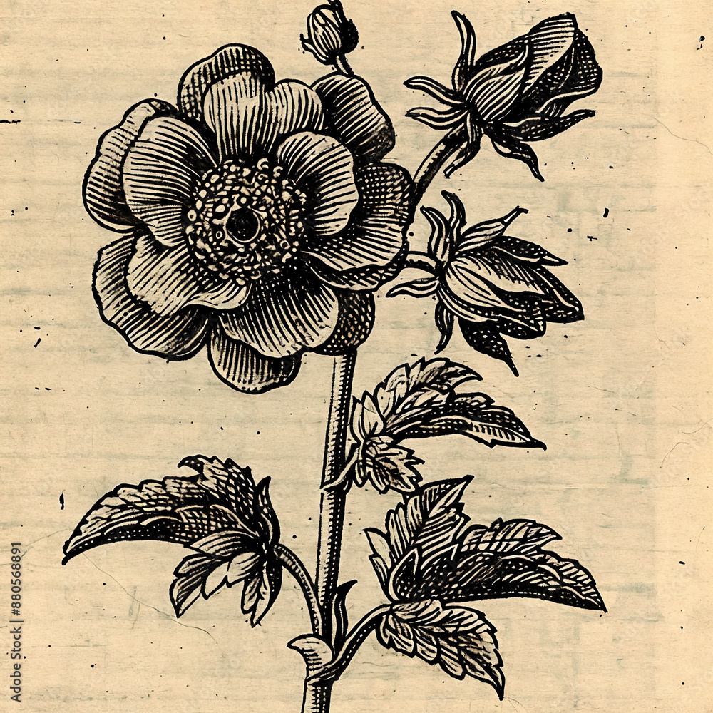 Old vintage botanical illustration of rose, woodcut style; white ...