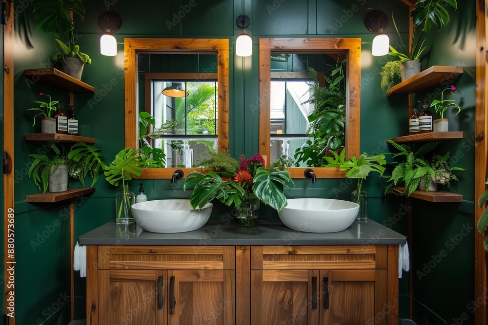 Round craftsman master bathroom with a deep forest green interior ...
