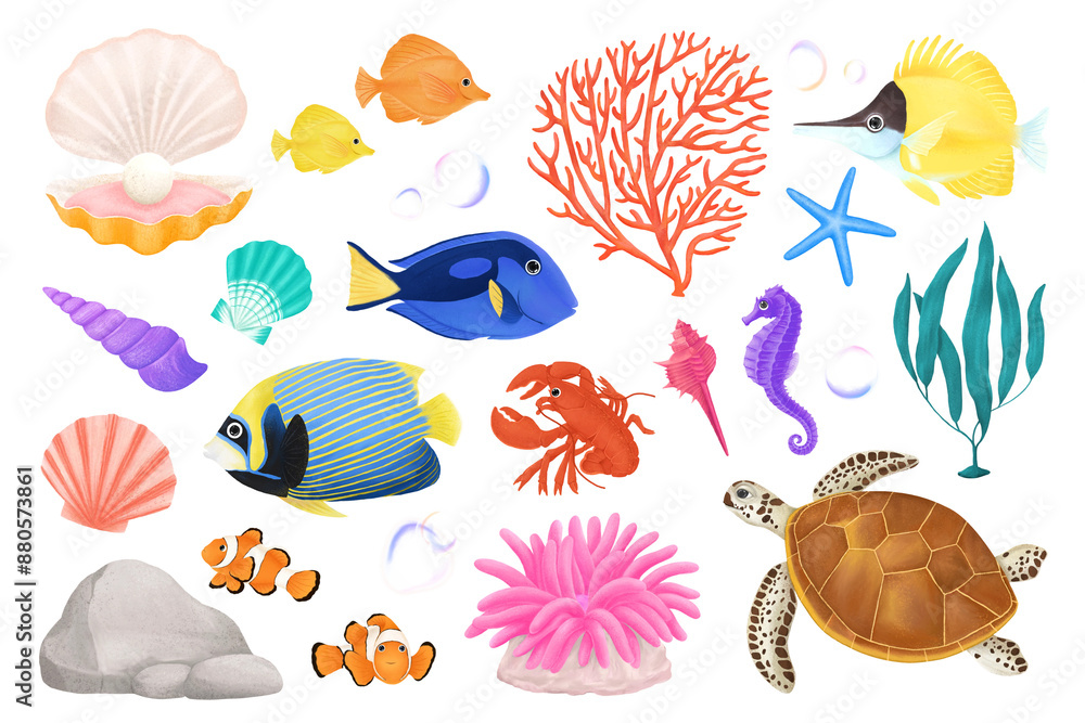 Sea animals png sticker illustration, transparent background set Stock ...