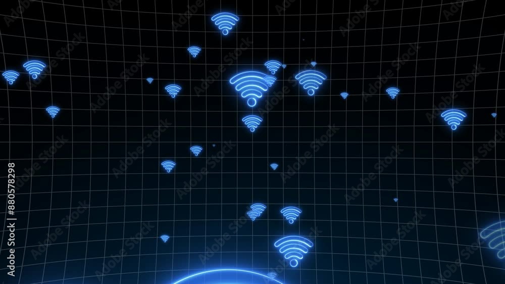 Blue Neon Wifi Symbol Flying On Grid and light Background. looping ...