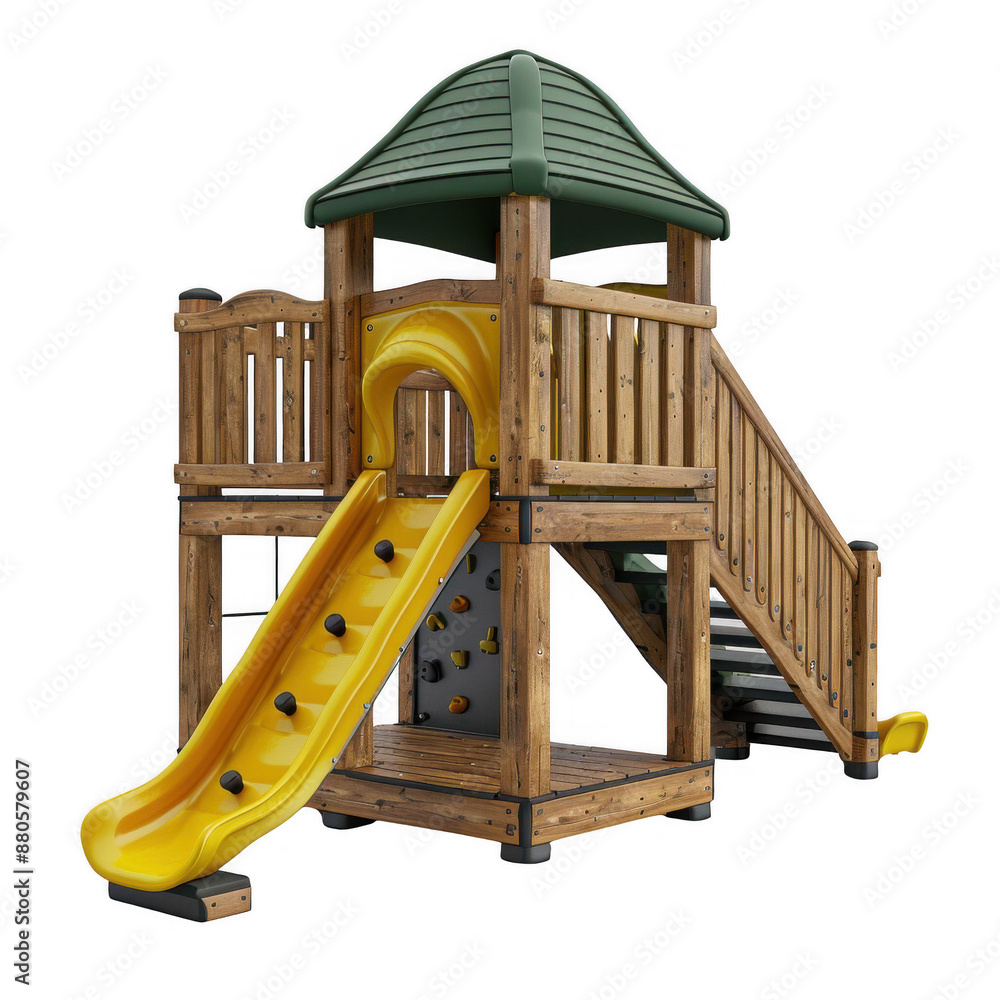 A wooden playground structure with a slide, climbing wall, and lookout ...