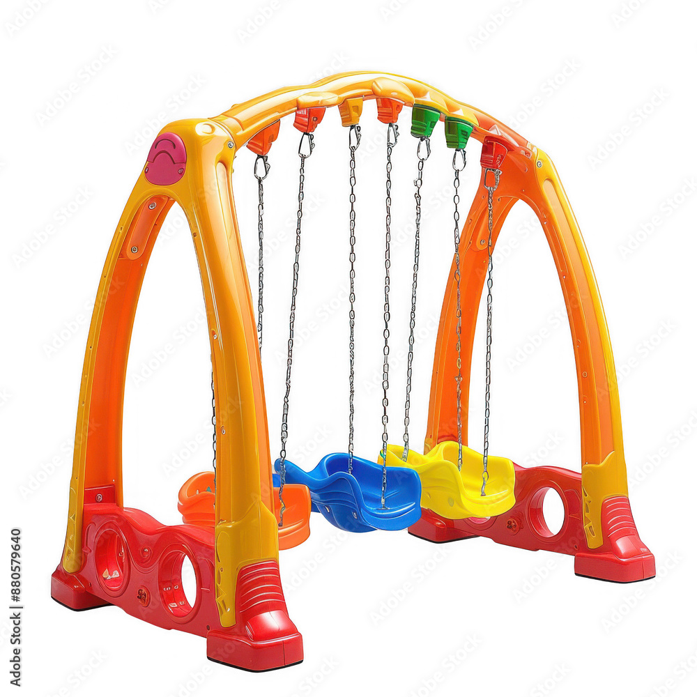 A colorful, playful swing set with three seats for kids to enjoy. The ...