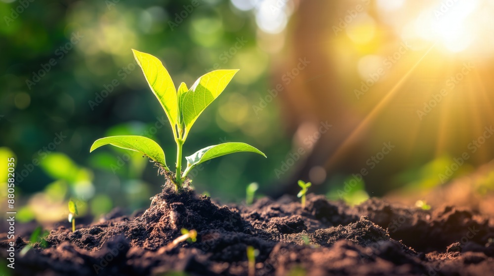 Small green plant sprouting in ground surrounded by lush grass and ...