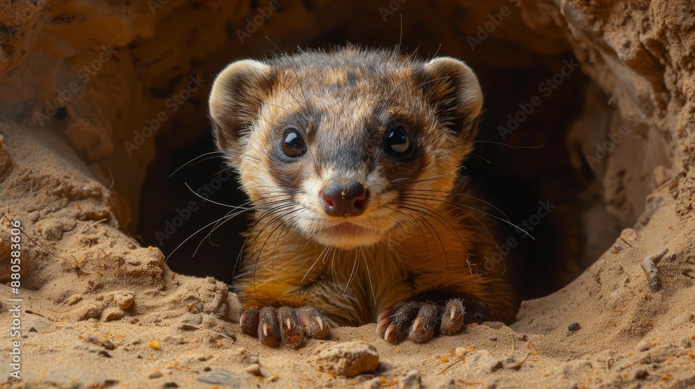 Curious long-tailed weasel emerges from its den in the sandy earth ...