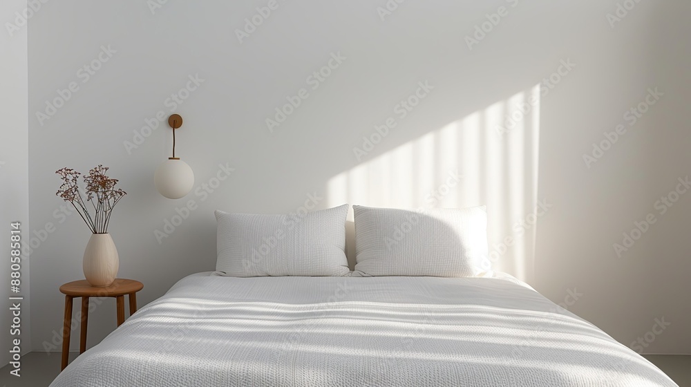 A serene bedroom with minimal furnishings and a calming color palette ...