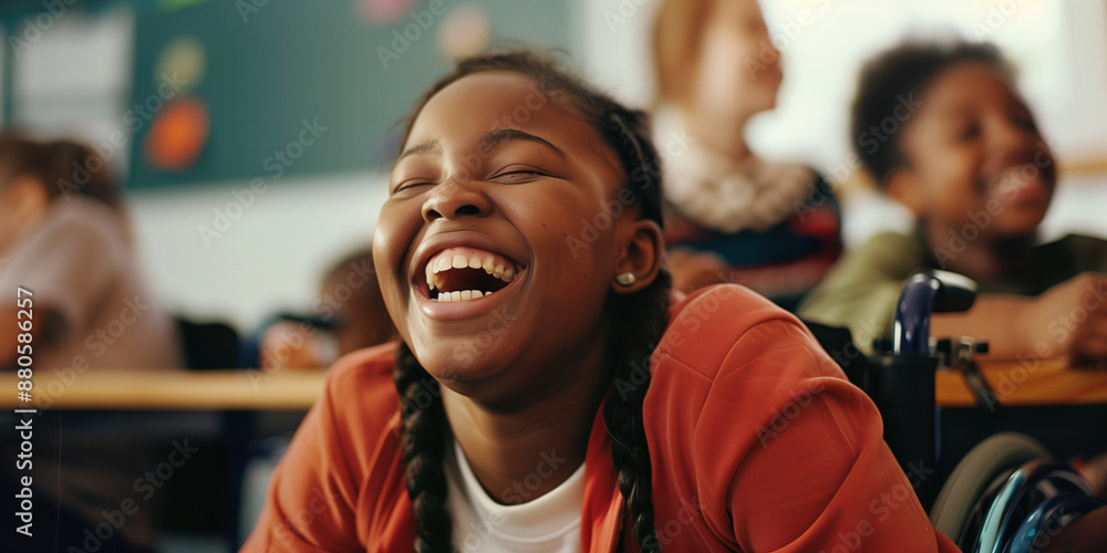 Happy young disabled black school student in wheelchair smiling ...