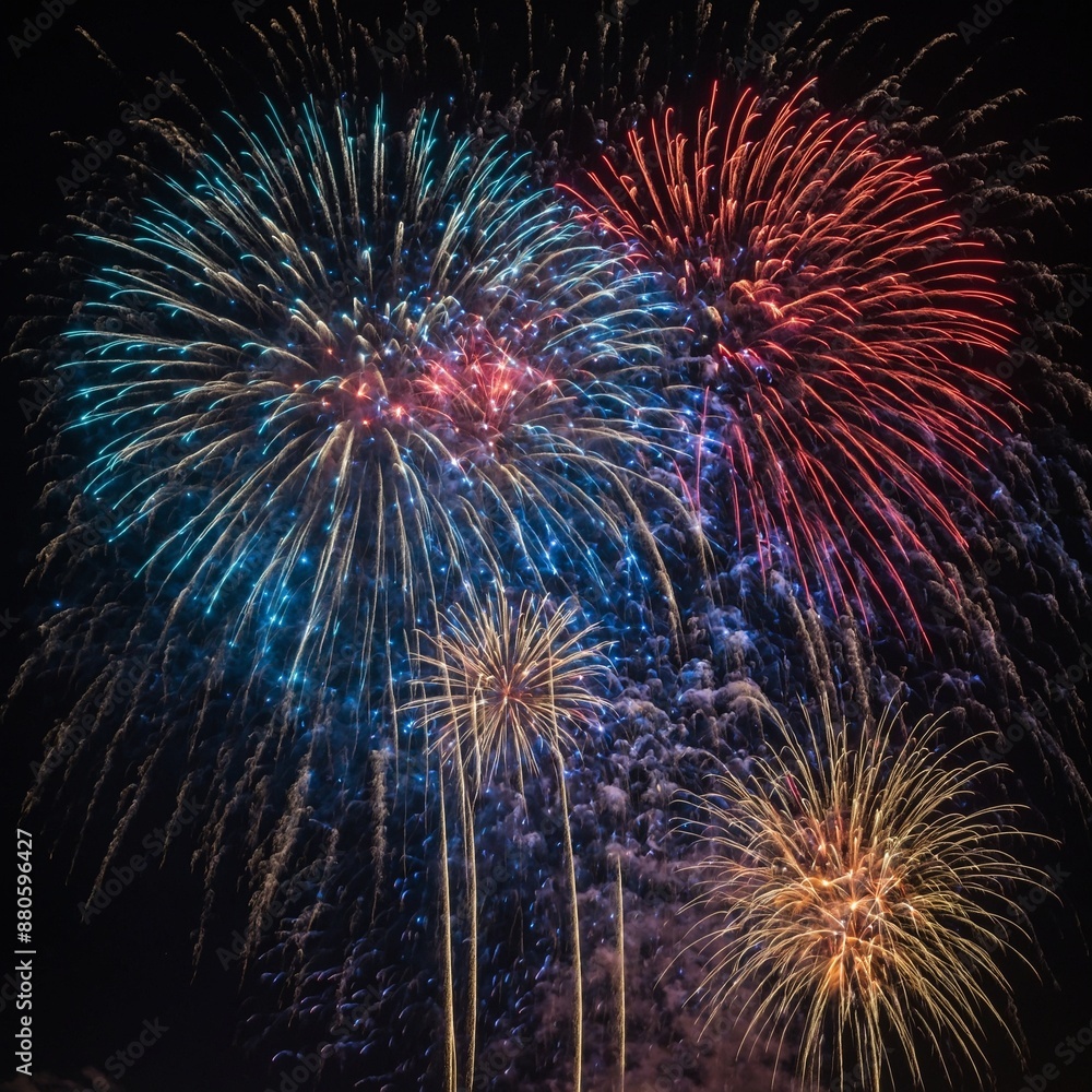 Multiple fireworks bursting high up in night sky. Fireworks various ...