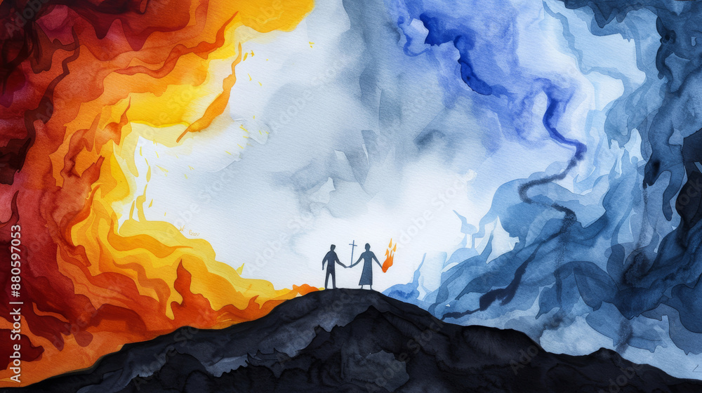 Adam and Eve being banished from Eden, dramatic watercolor scene, fiery ...