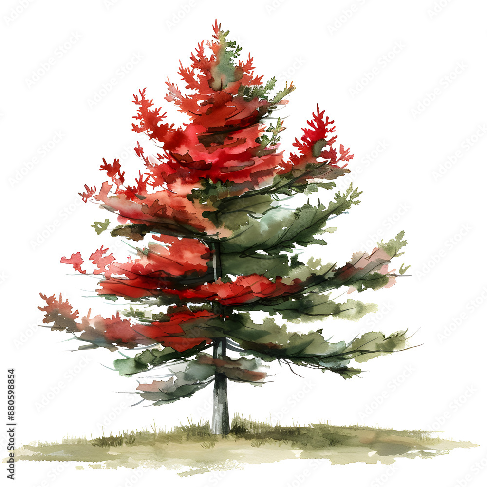 Trees front view, PNG, watercolor style vector tree, red pine tree ...