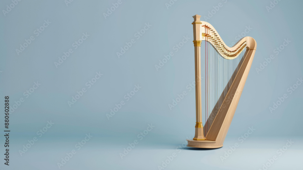 Isolated image of an ancient harp with golden strings on a soft ...
