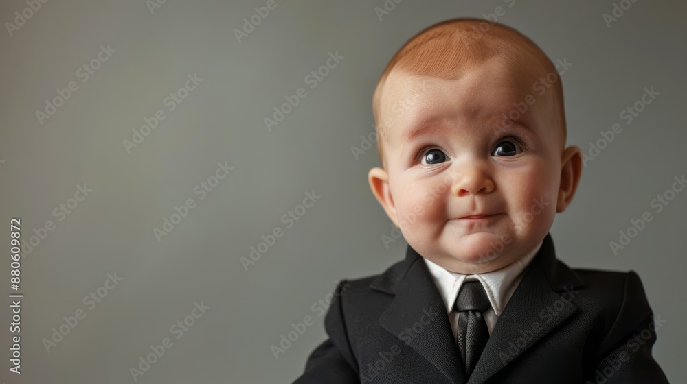 Confident baby in tiny suit and tie exudes serious demeanor, showing ...