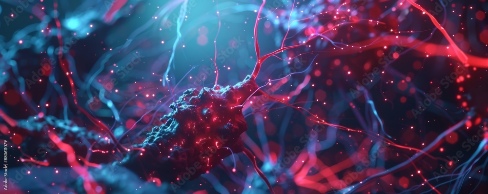 3d illustration of a neuron cell body with dendrites and axon terminals ...