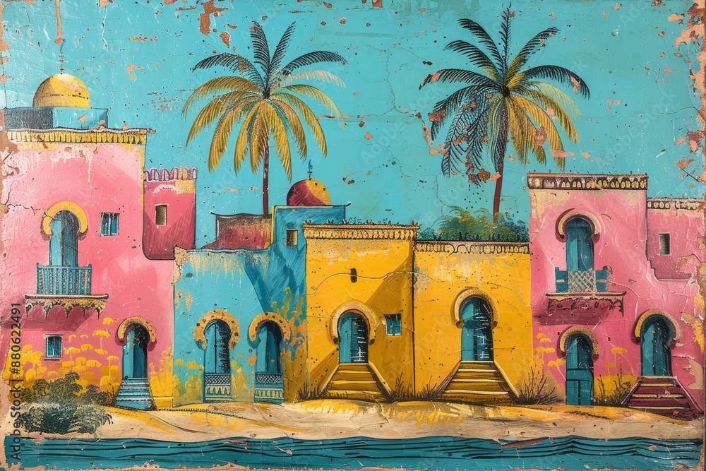 Vibrant Nubian Village by the Nile, Colorful Houses, Palm Trees, Folk ...