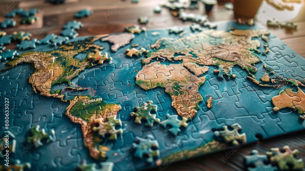 Jigsaw puzzle of a world map spread out on a table, with pieces ...