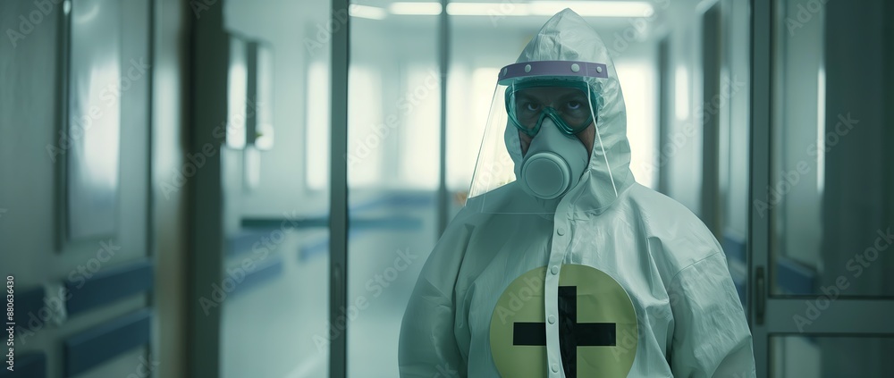 An individual wearing a full-body hazmat suit and face mask with a ...
