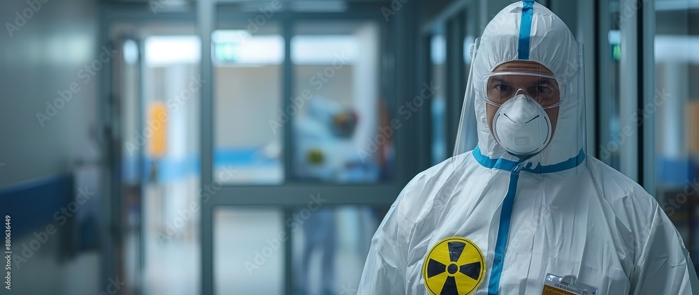 An individual in a hazmat suit with a radiation warning sign in a ...