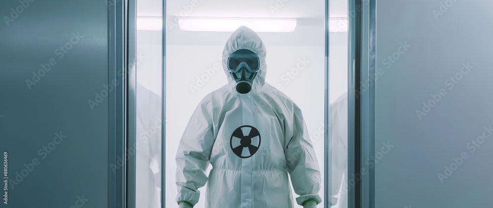 A person in a protective hazmat suit and mask, with a radiation symbol ...
