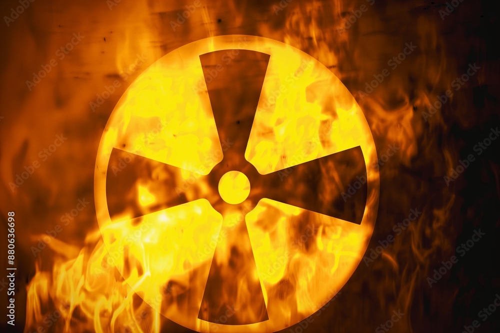 glowing radiation symbol is depicted in the midst of burning flames ...