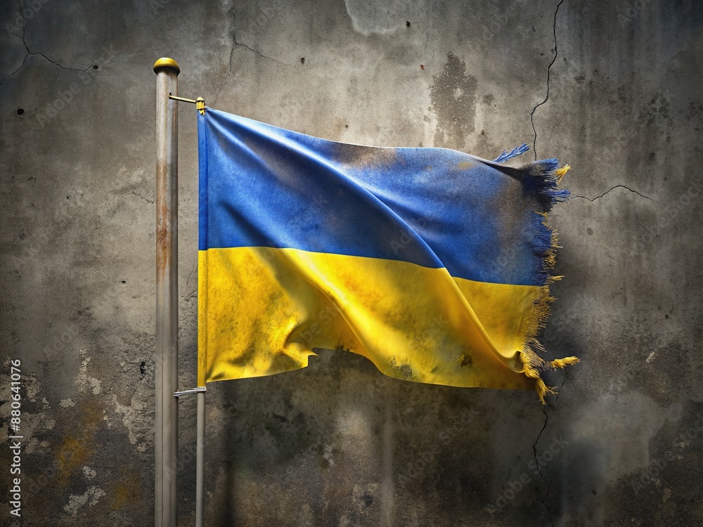 Distressed Ukraine flag with ripped and frayed edges, worn and faded ...