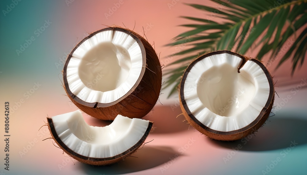 Coconut backdrop, juicy coconuts on a simple background with copy space ...