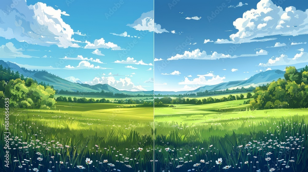 grassy meadow flat design front view open field cartoon drawing Split ...