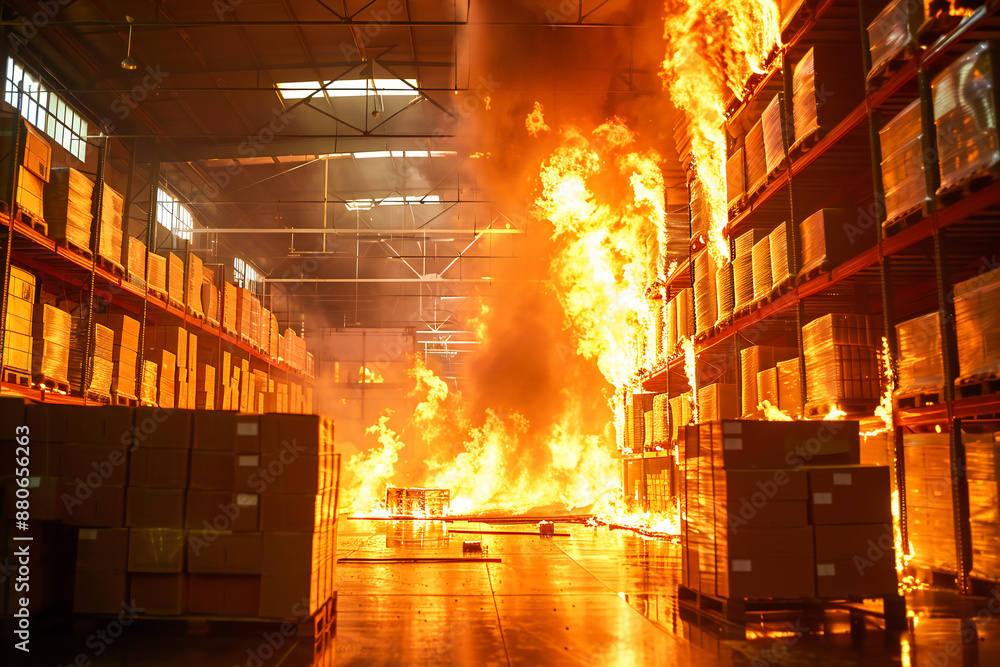 Fire in a storage warehouse. Spreading fire in a warehouse full of ...