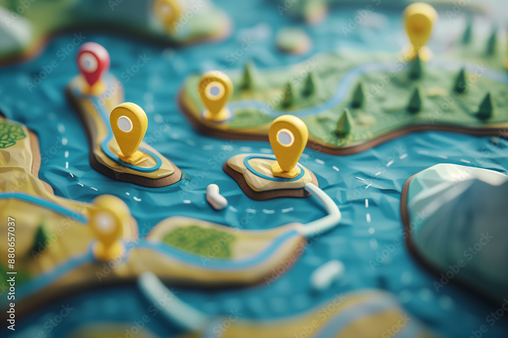 A simple 3D emoji like map that has markers on the map like a roadmap ...