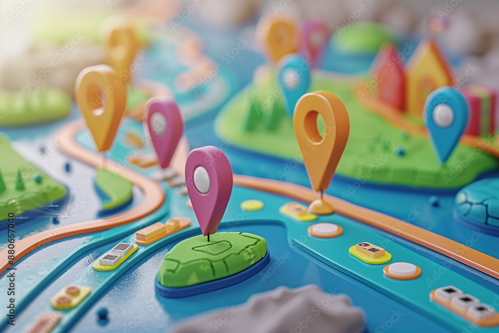 A simple 3D emoji like map that has markers on the map like a roadmap ...