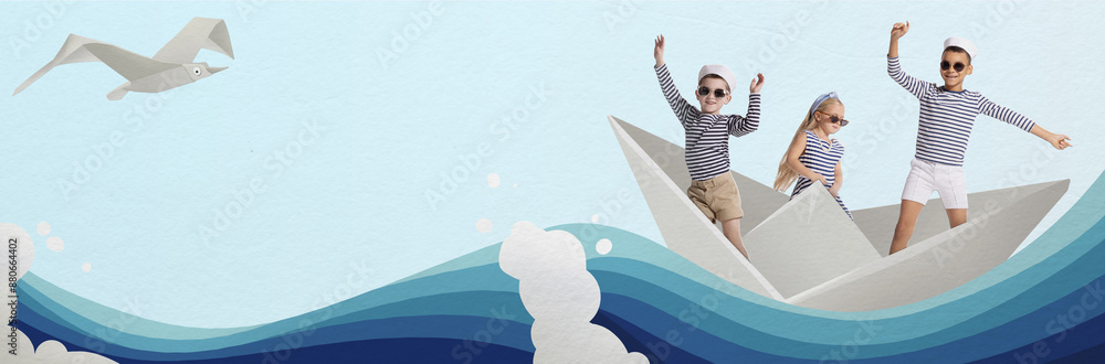Three children in sailor outfits ride paper boat animated waves ...