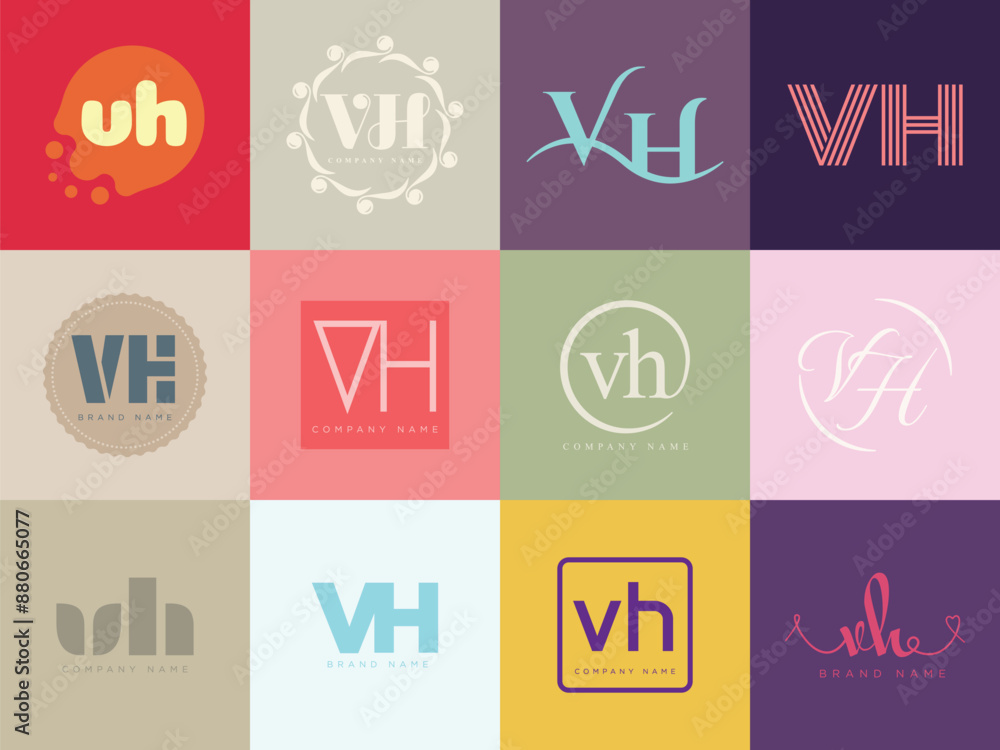 VH logo company template. Letter v and h logotype. Set different ...