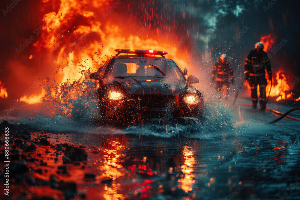 A dynamic scene showing firefighters and a police car battling a raging ...