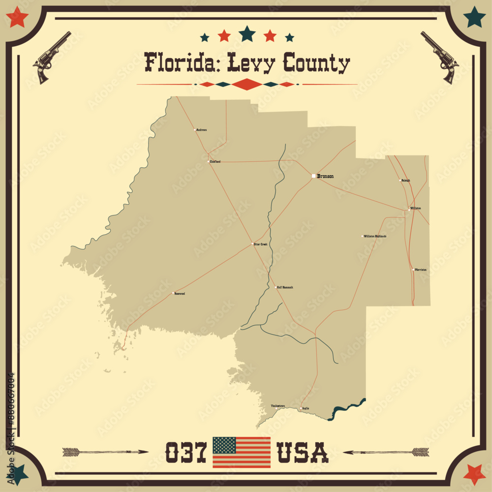Large and accurate map of Levy County, Florida, USA with vintage colors ...