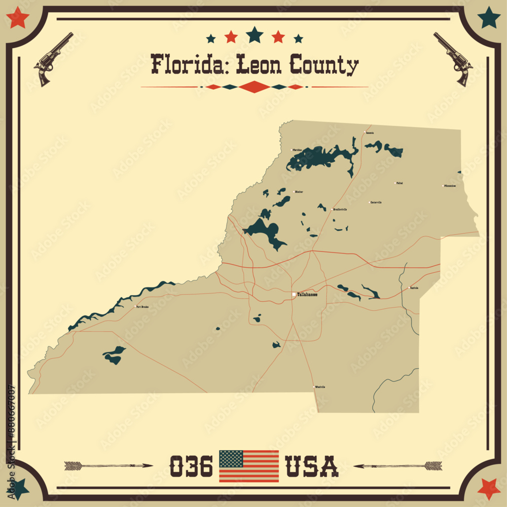Large and accurate map of Leon County, Florida, USA with vintage colors ...