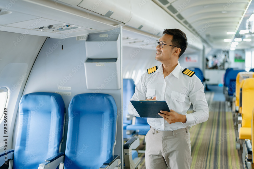 Asian Confident male pilot in uniform leaning at the passenger seat ...