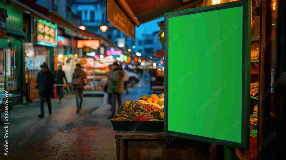 Vibrant Street Food Market Scene with Vertical Green Screen Billboard ...