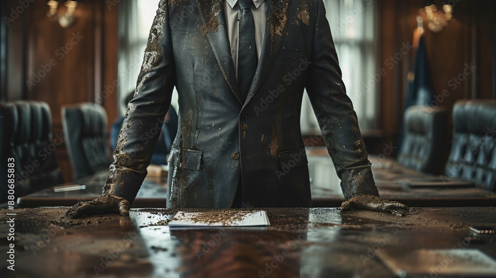 Professional in a formal meeting their suit marked with mud symbolizing ...