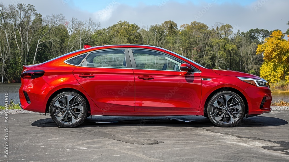 A striking red sedan car captured in a serene outdoor setting by a ...