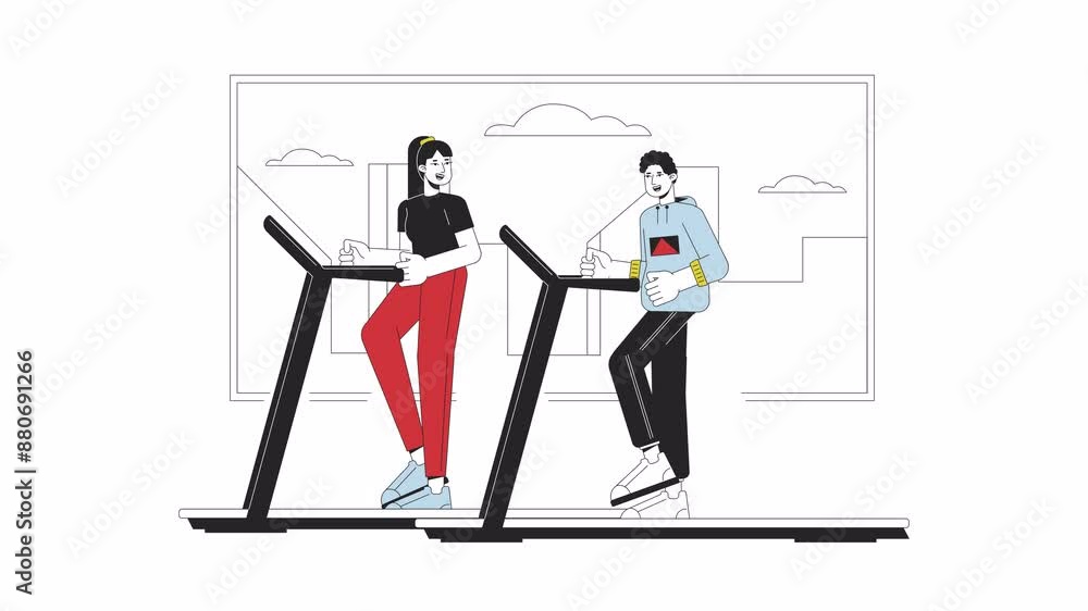 Diverse friends training in gym line 2D animation. Happy korean woman ...