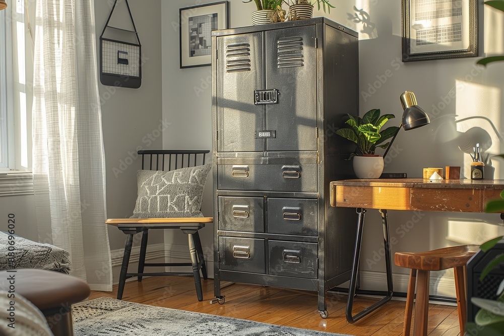 Black metal locker with three drawers adjacent to office desk and chair ...