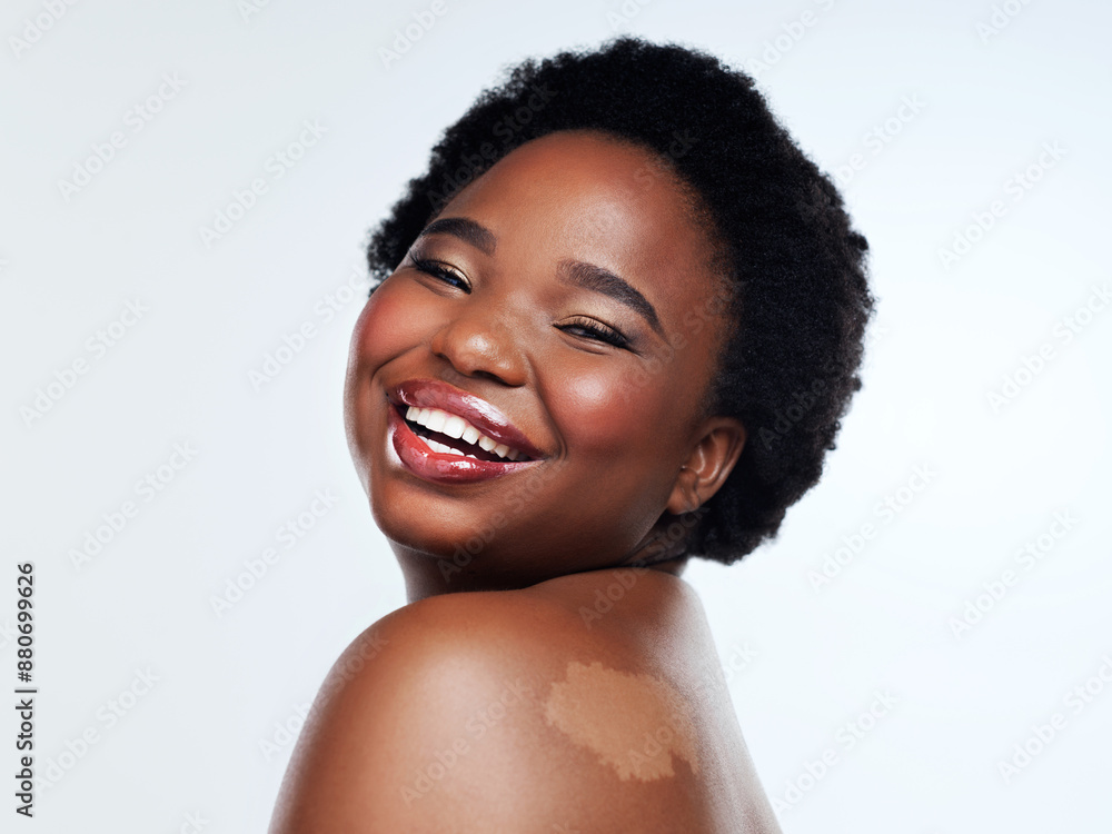 Portrait, makeup and black woman with cosmetics, dermatology and luxury ...