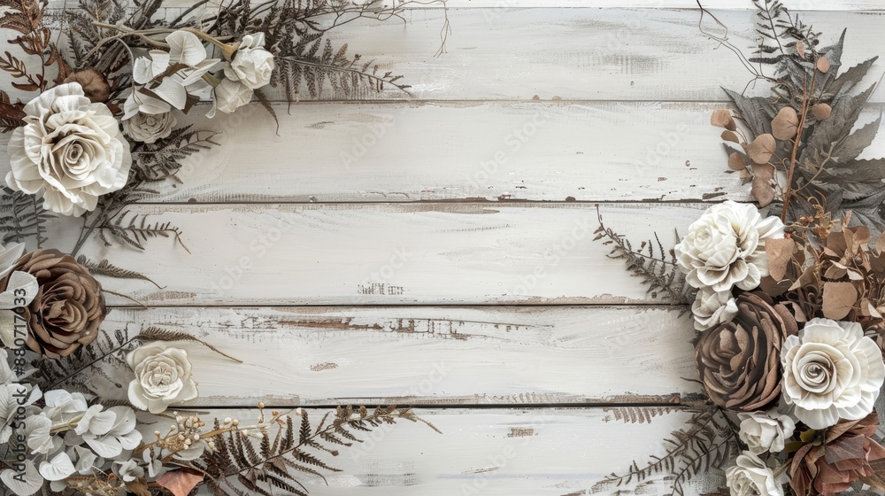 Vintage floral arrangement on rustic white wood with fern leaves dried ...