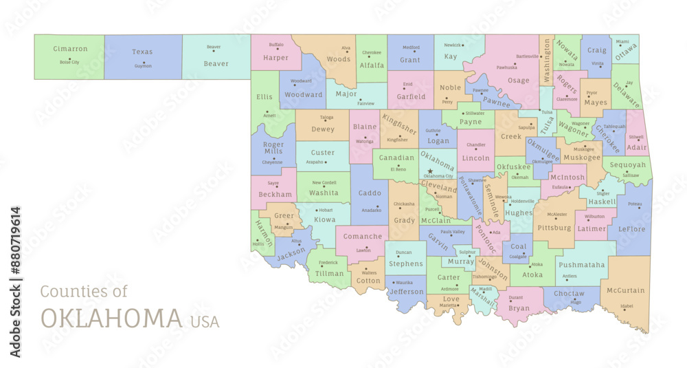 Counties of Oklahoma, administrative map of USA federal state. Highly ...