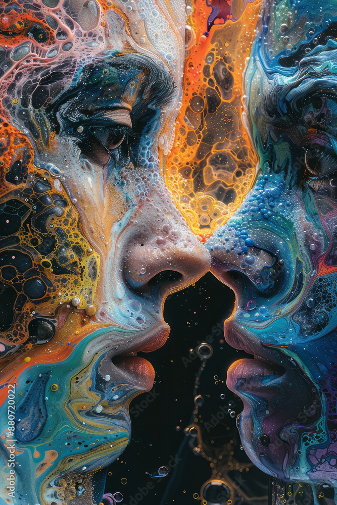An abstract painting of two faces merging, with chemical structures of ...